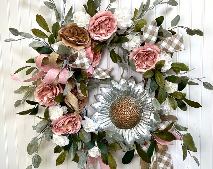 Extra Large Spring Wreath for Front Door, Large Sunflower Blush Rose ...