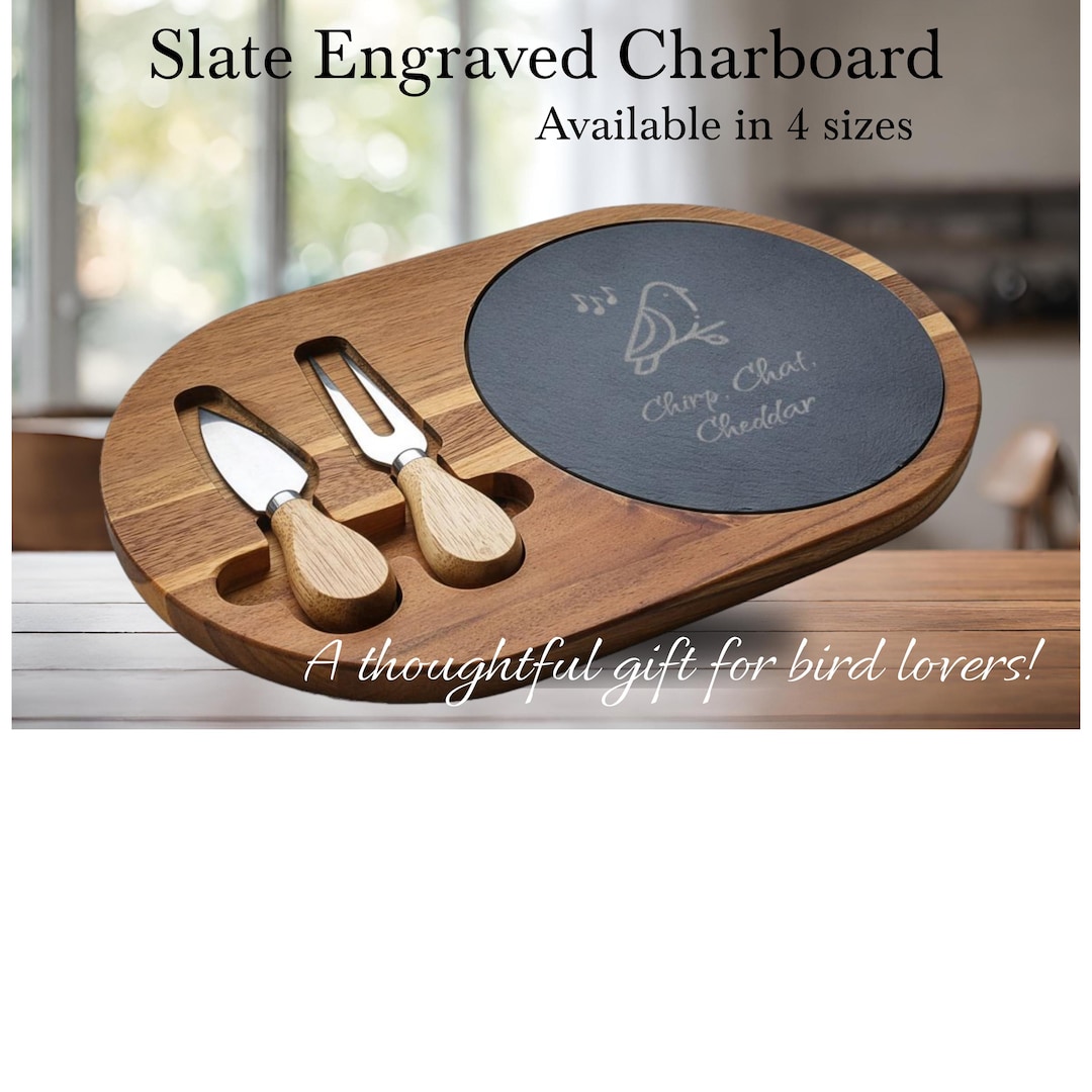 Chirp Chat Cheddar Engraved Charcuterie Board | Bird Slate Cheese Set ...