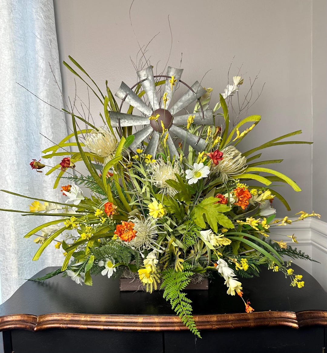 Spring Floral Arrangement With Metal Windmill, Rustic Table Centerpiece ...