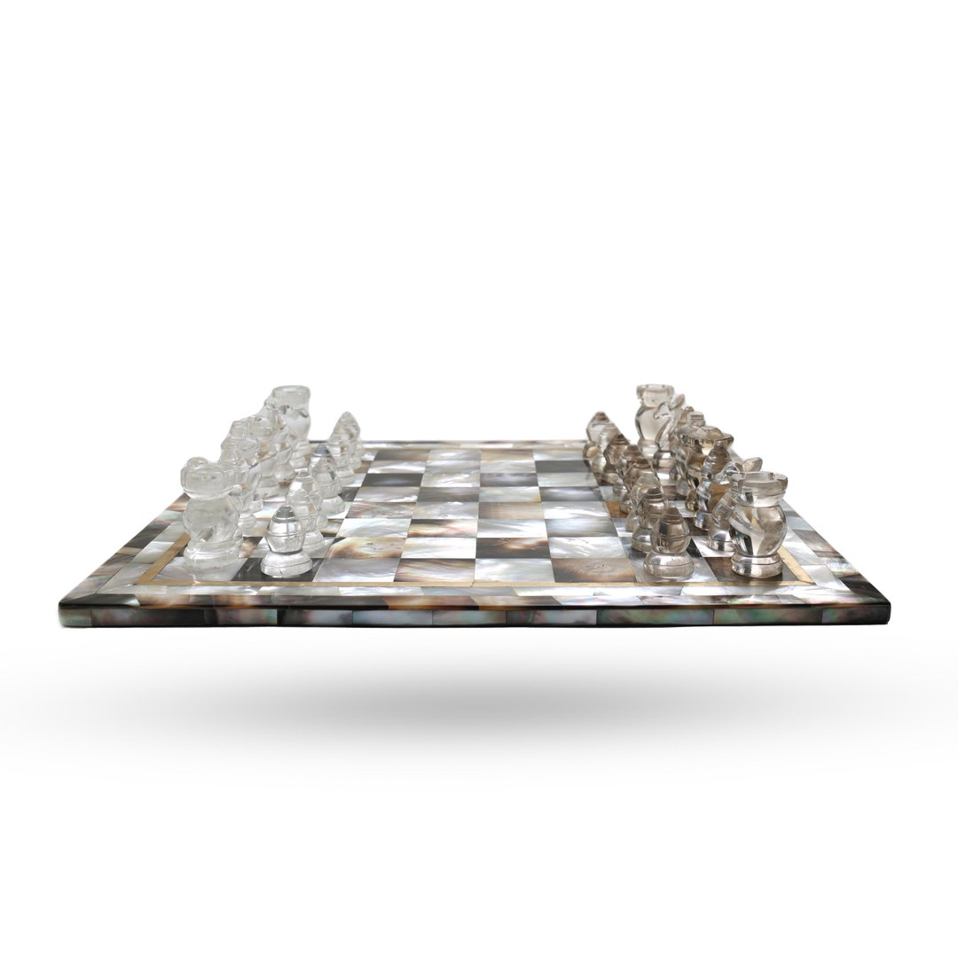 Quartz Chess Set – Hand-carved Gemstone Pieces, Mother of Pearl Board ...