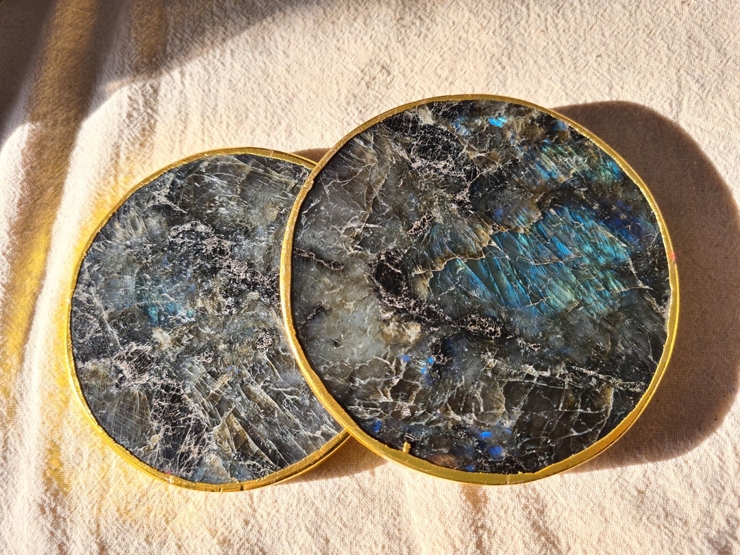 Labradorite Electroplated Coasters| Natural Round LABRADORITE Slab ...