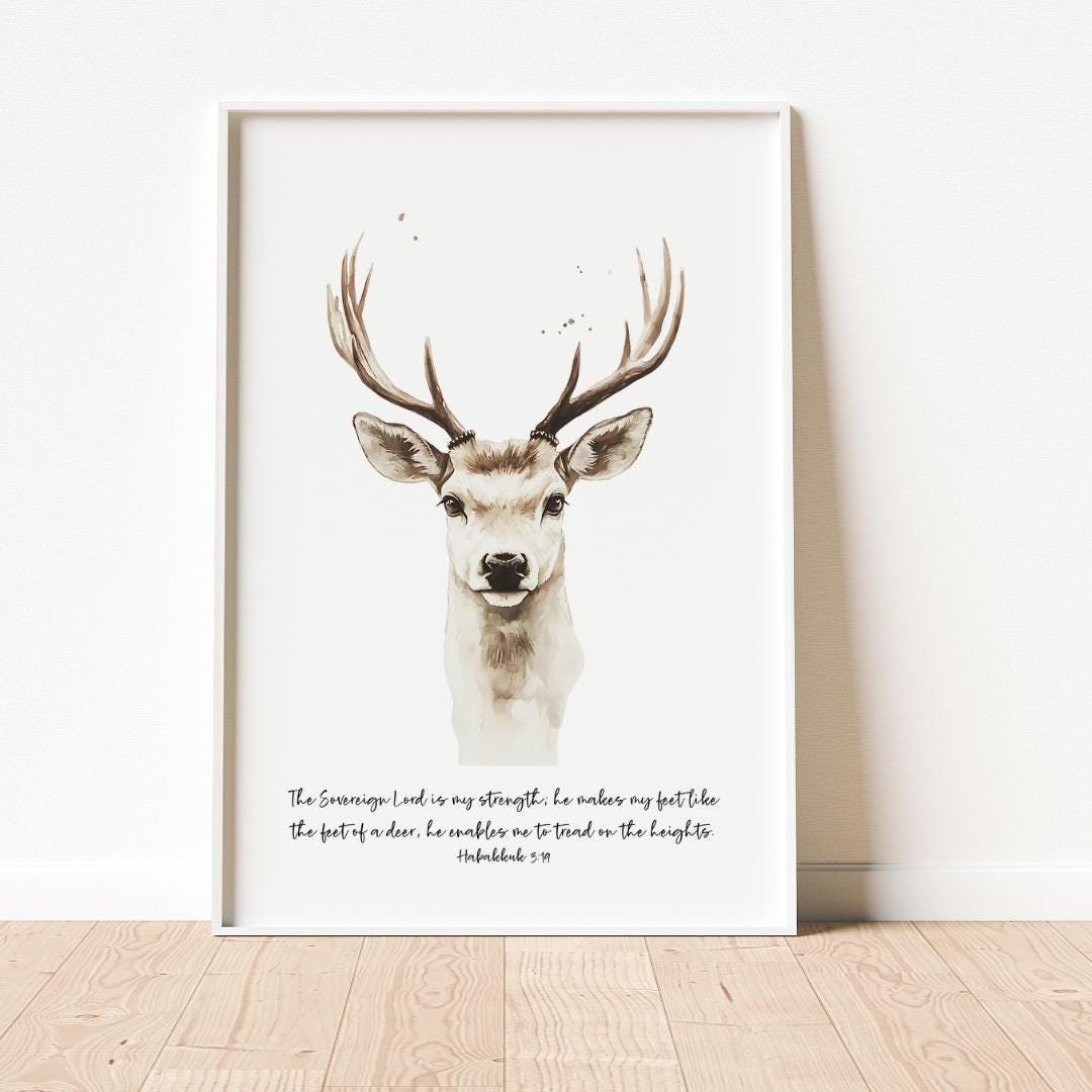 Watercolor Deer Wall Art, Habbakkuk 3:19, Rustic Bible Verse Art ...