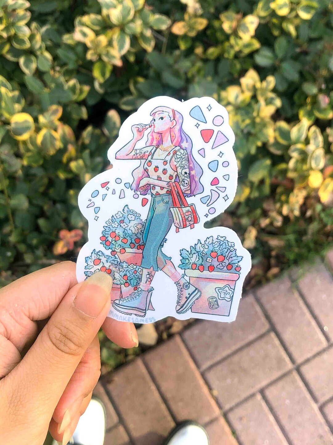 Strawberry Girl Kawaii Aesthetic Diecut Sticker L Waterproof Glossy ...