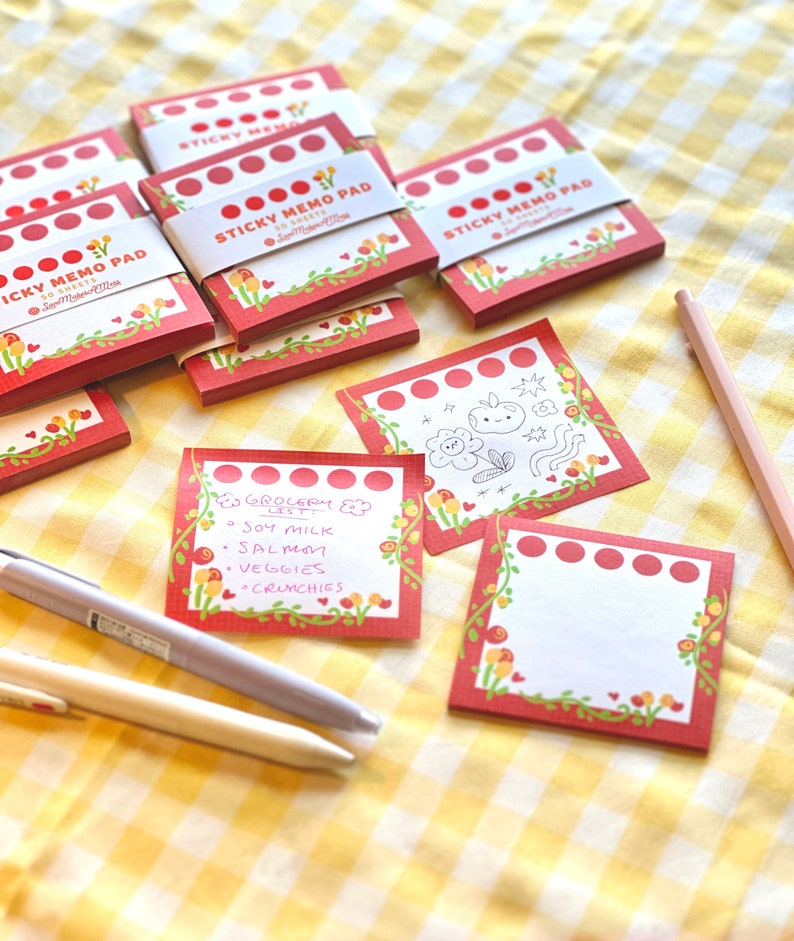 Red Floral Grid Sticky Memo Pad 3x3 L Sticky Notes for Journaling L ...