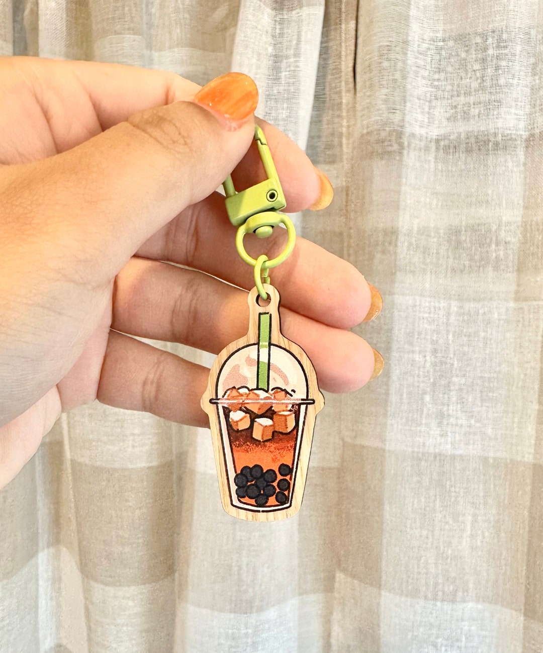 Thai Tea Coffee Boba Wooden Keychain 2" In. L Green Key Ring & Key ...