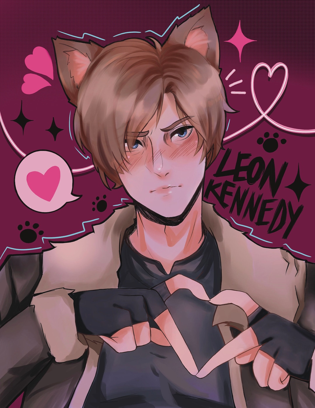 Cute Leon Kennedy Cat Ears Resident Evil 4 Print Etsy