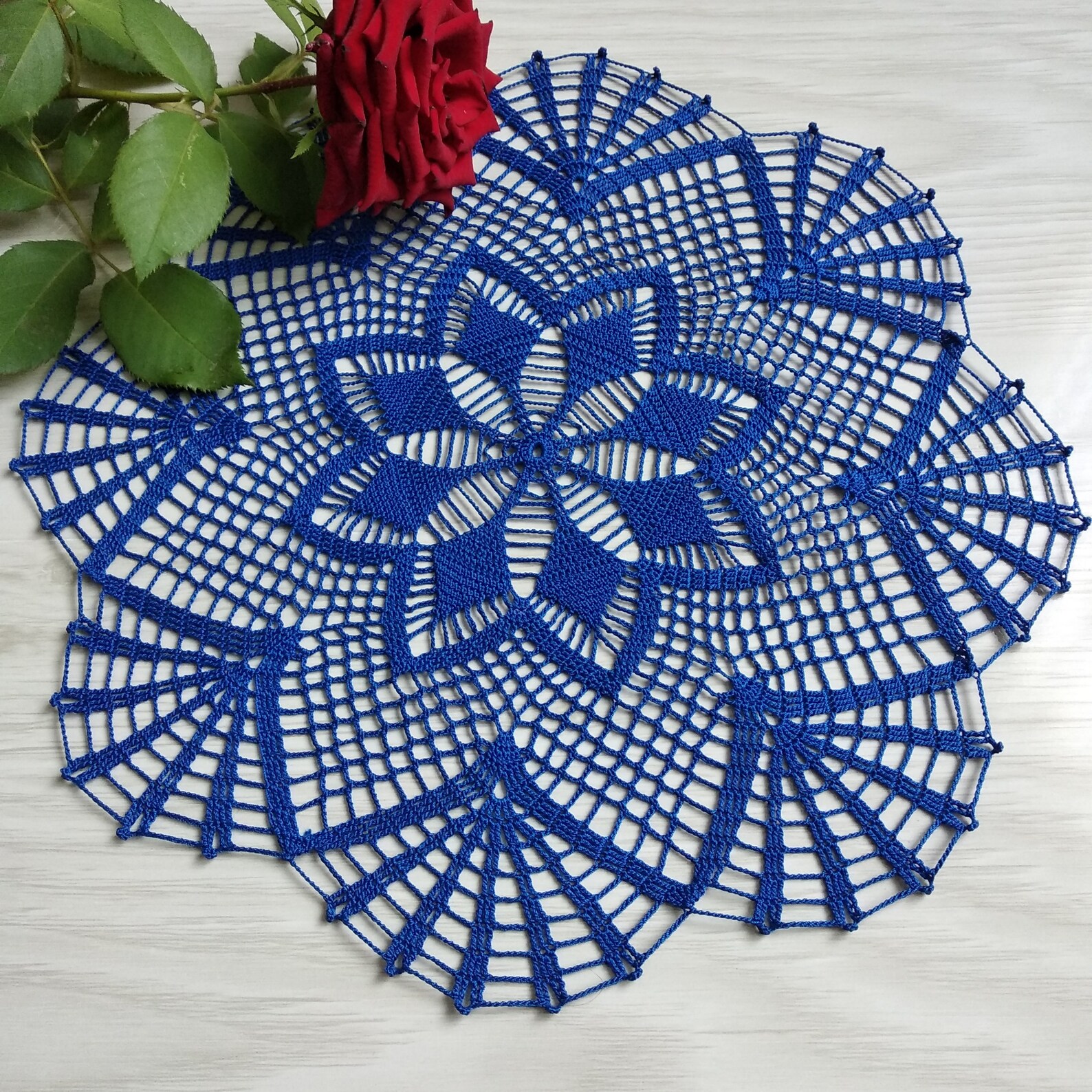 Dark Blue Crochet Doily, Floral Round Doily, Crochet Lace Doily, Blue ...