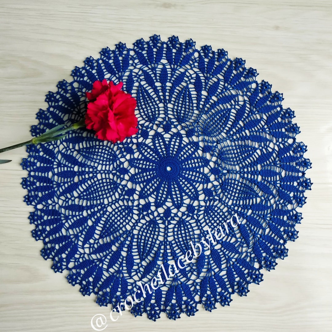 Blue Crochet Doily, Floral Cotton Lace, Round Table Decoration (13 Inch ...