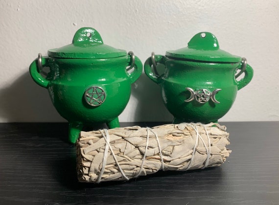 Green Cauldron with Lid You Choose Pentacle or Triple Moon | Etsy