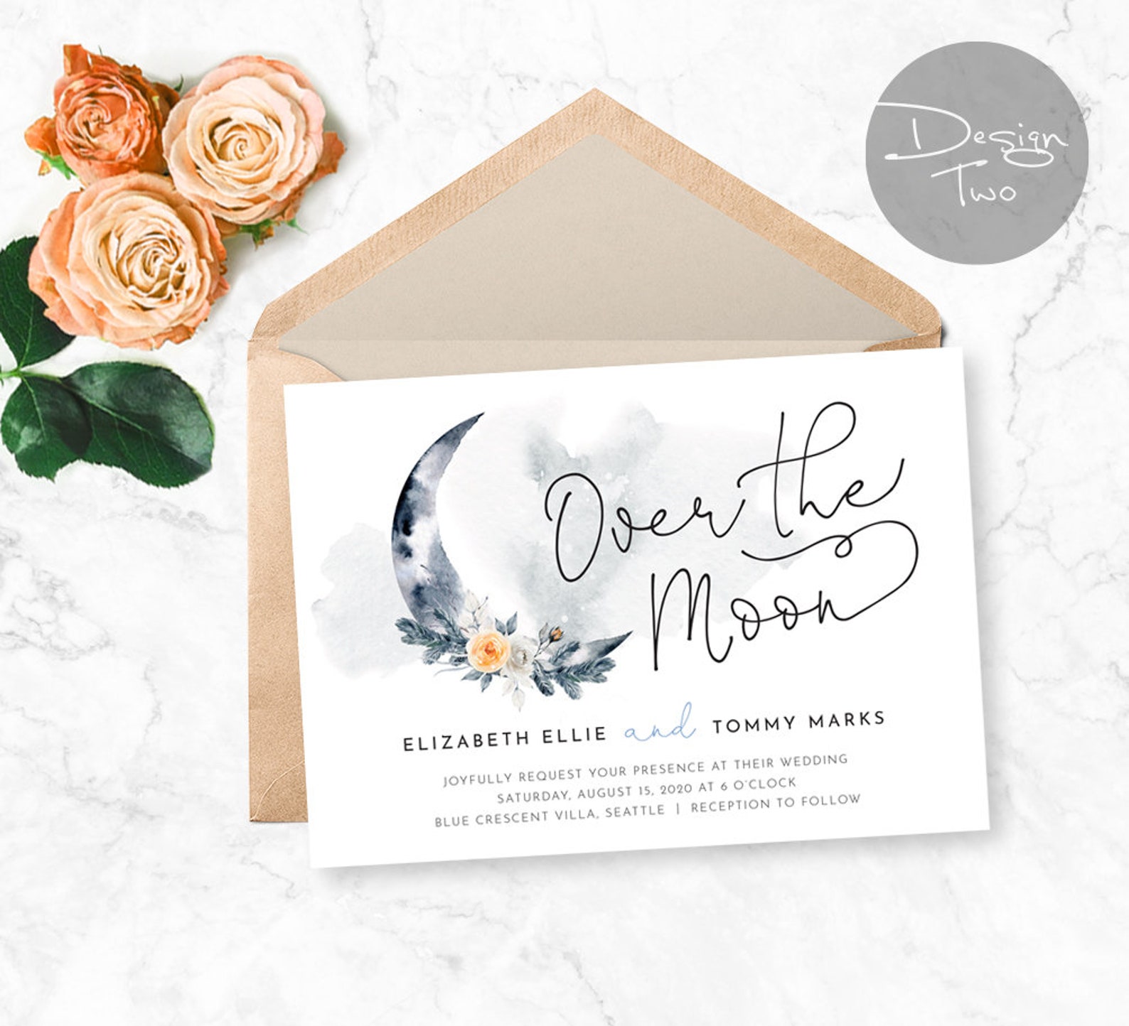 Moon Wedding Invitation Night Moon Celestial Floral Blue - Etsy