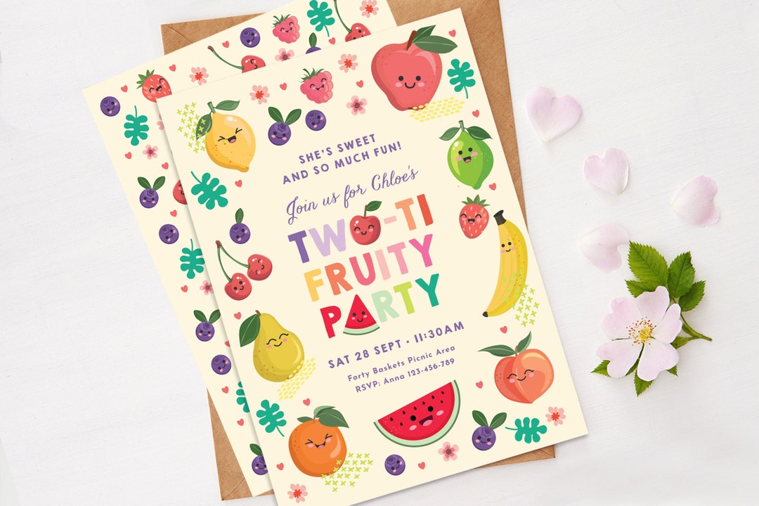 Two-tti Fruity Girls 2nd Birthday Party Invite, Cute Modern Fruit ...