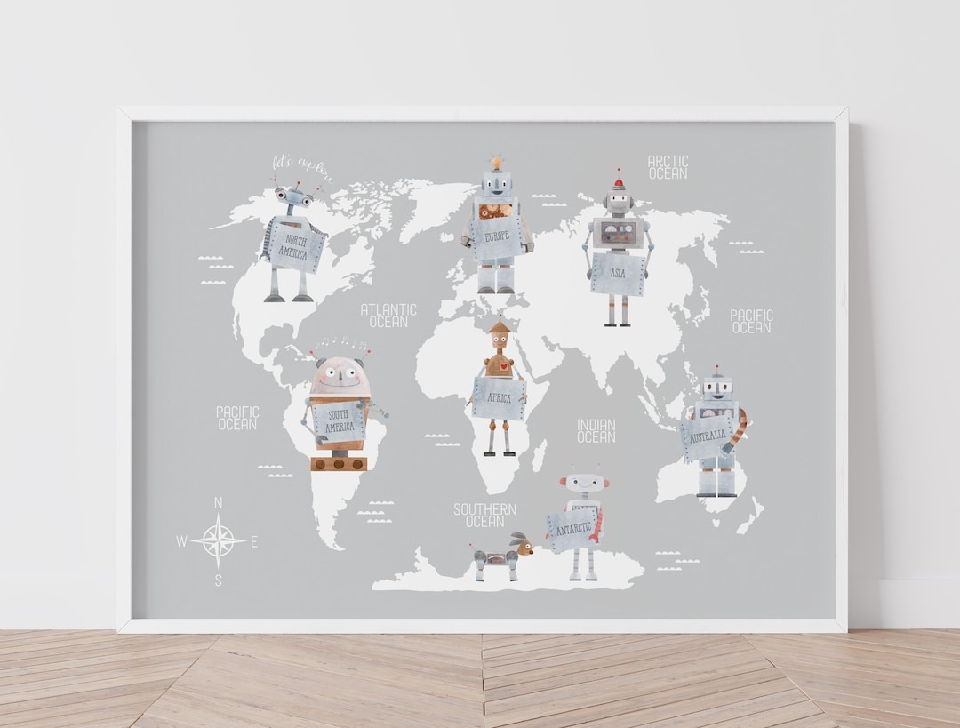 Robot World Map, World Map Boys Nursery, Cute Robots, Robot Print, 7 ...