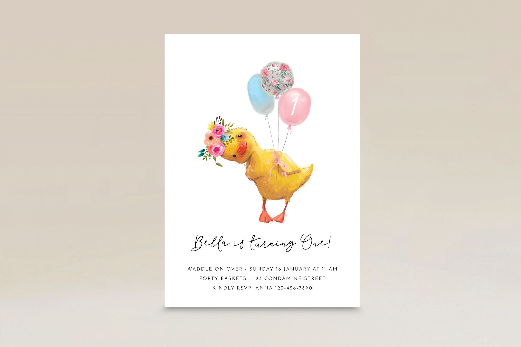 Duck Invite Birthday Party Invite Girl Digital Template - Etsy