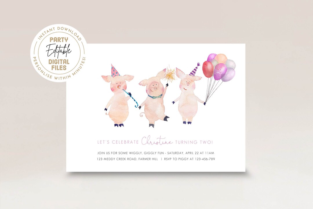 Pig Birthday Invite Editable Template Girls Birthday Party - Etsy