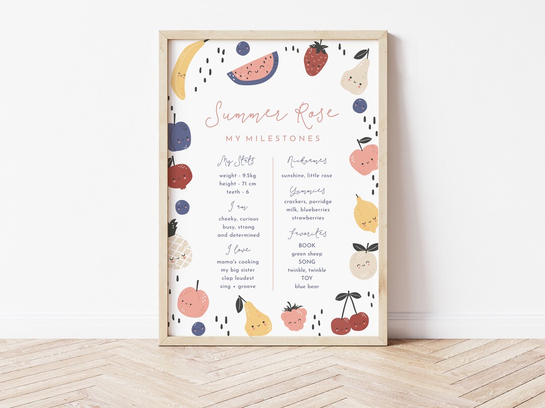 Two-tti Frutti Milestone Board, Modern Cute Fruit First Year Stats ...