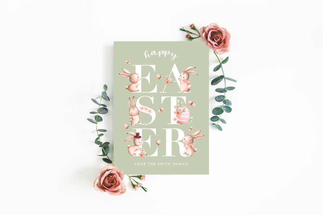 Editable Easter Card, Cute Pastel Floral Bunnies, Happy Easter ...