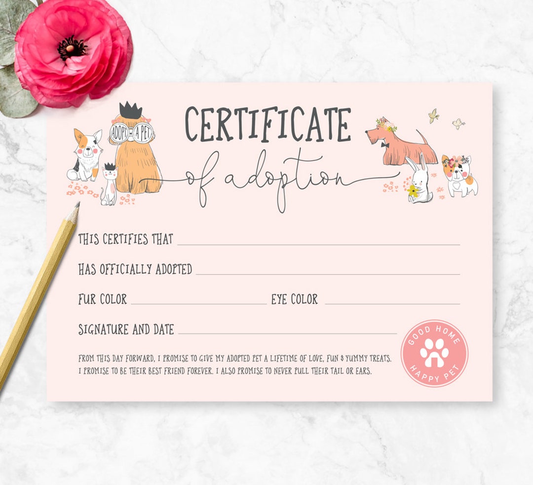 Pet Adoption Certificate, Dog Cat Pet Adoption Certificate, Girls ...