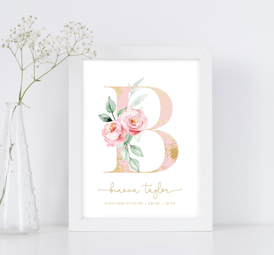 Baby Girl Nursery Print, Newborn Gift, Pink Gold Floral Baby Name Print ...