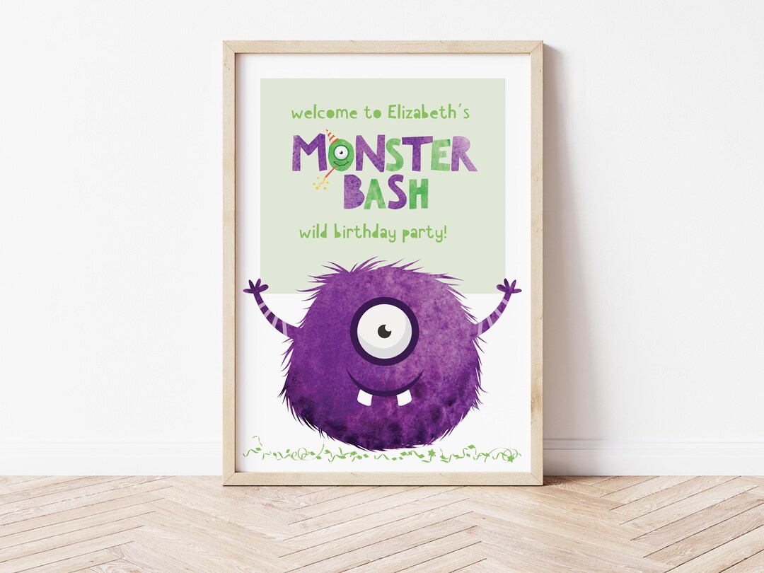 Editable Monster Welcome Birthday Sign, Cute Purple Monster, Monster ...