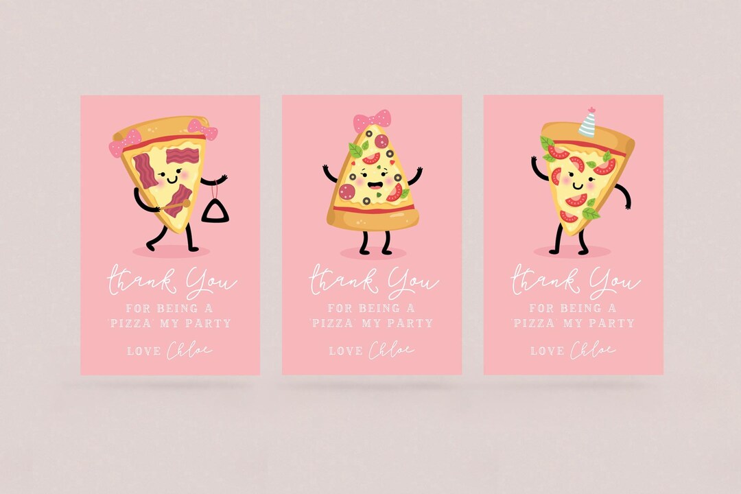 Pizza Party Thank You Card, Pizza Birthday Party Favors, Girls Pizza ...