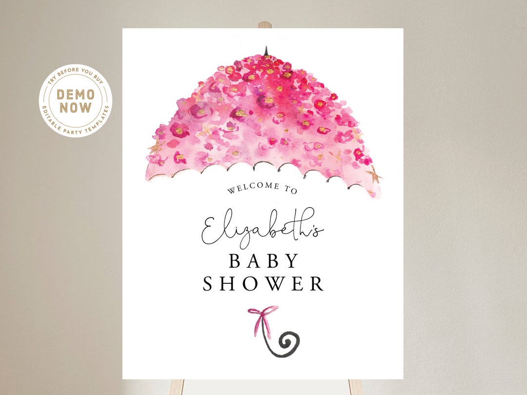 Umbrella Welcome Sign Editable Template | Modern Umbrella Pink Flowers ...