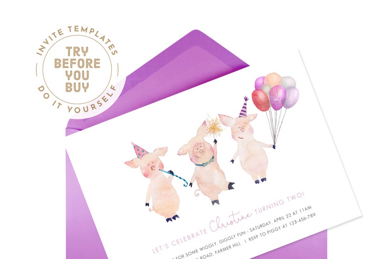 Pig Birthday Invite Editable Template | Girls Birthday Party | Three ...