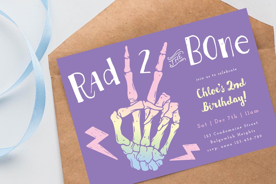 Rad TWO the Bone Birthday Invite, Girls 2nd Birthday Editable, Rainbow ...