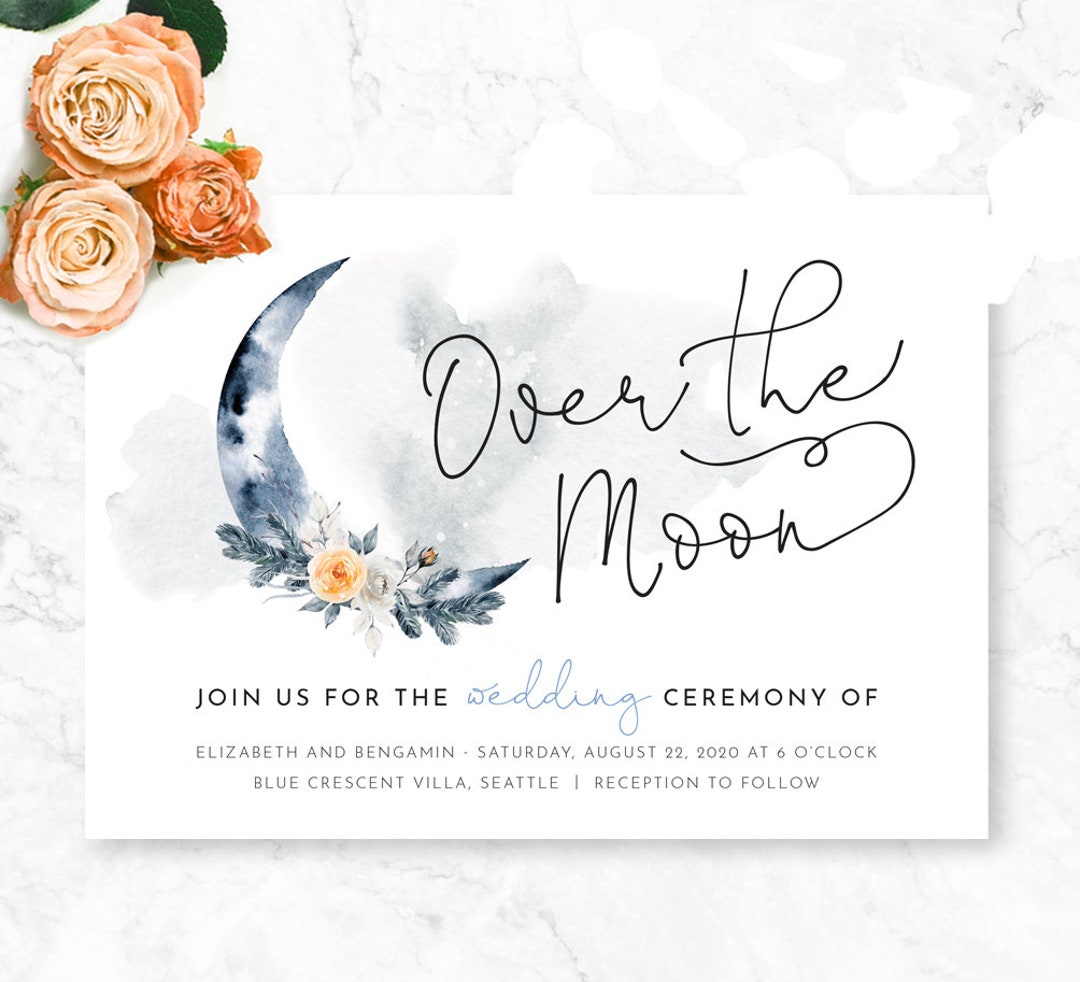 Moon Wedding Invitation, Night Moon Celestial, Floral Blue Moon ...