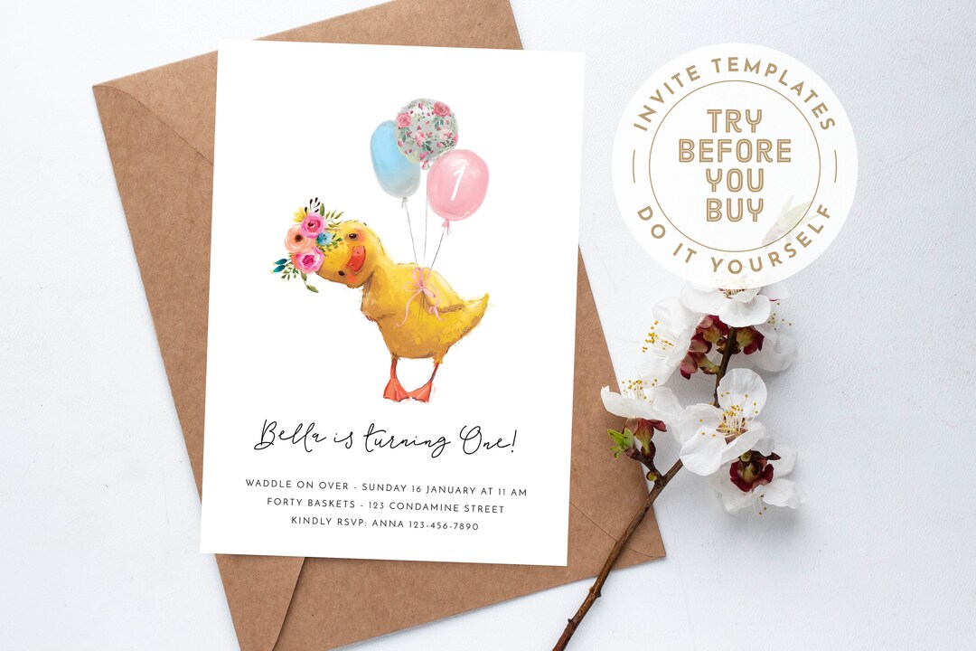 Duck Invite | Birthday Party Invite Girl Digital Template | Modern Duck ...