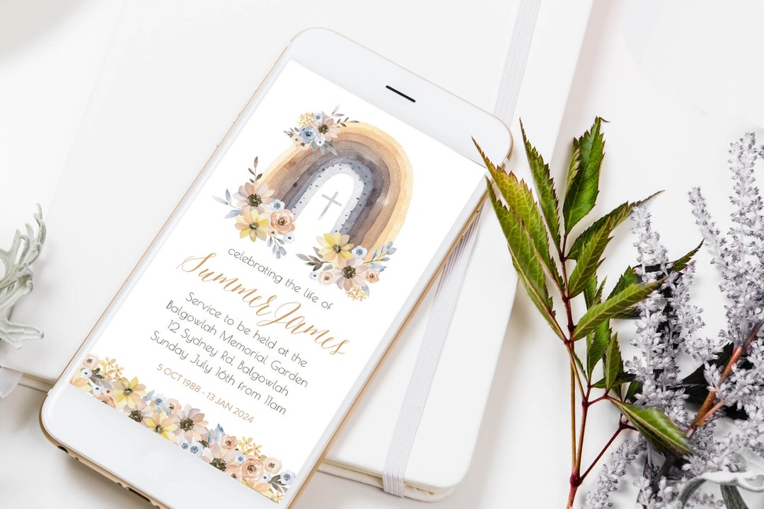 Rainbow Funeral Service Digital Template, Muted Floral Rainbow Photo ...