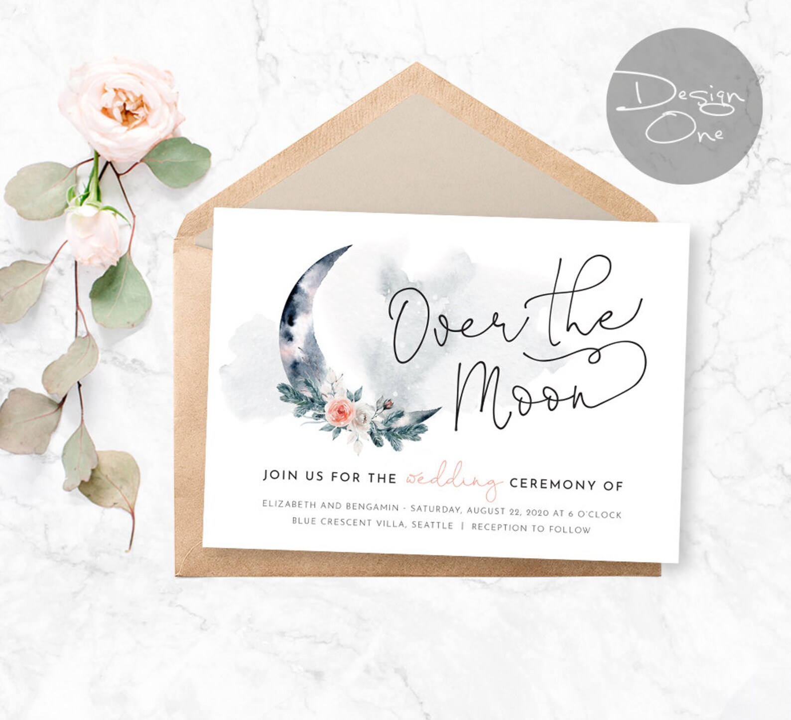 Floral Moon Wedding Invitation Over the Moon Wedding | Etsy