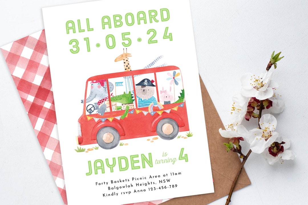 All Aboard Birthday Invite, Red Bus Safari Animal Birthday Party ...
