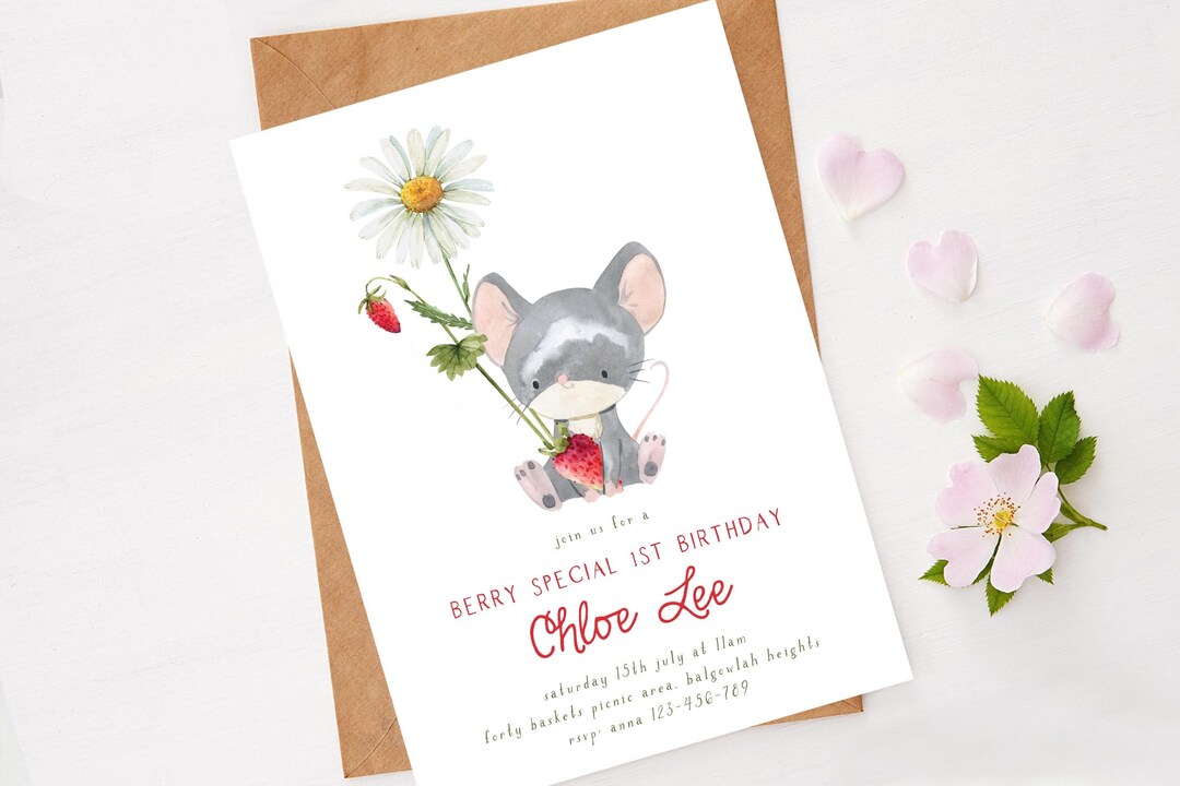 Berry First Birthday Invitation, Cute Mouse, Minimalist Modern ...