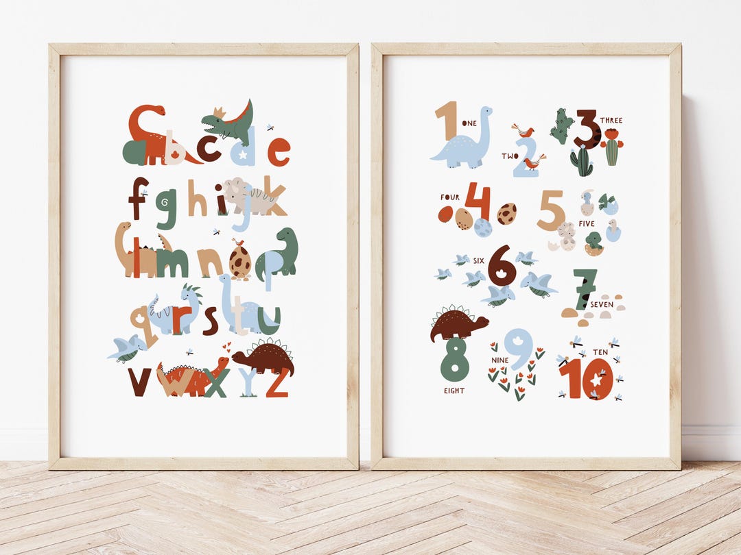 Dinosaur Alphabet and Numbers Printable, ABC 123 Nursery Wall Art, Abcs ...