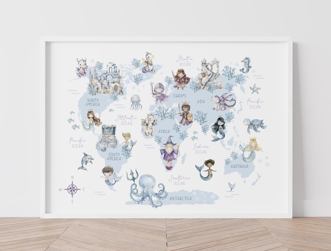 Magical World Map, Knights Castles Mermaids, Whimsical Magical ...