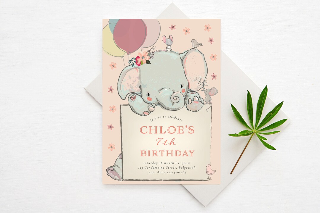 Elephant Birthday Invitation | Girls Birthday Editable Template | DIY ...