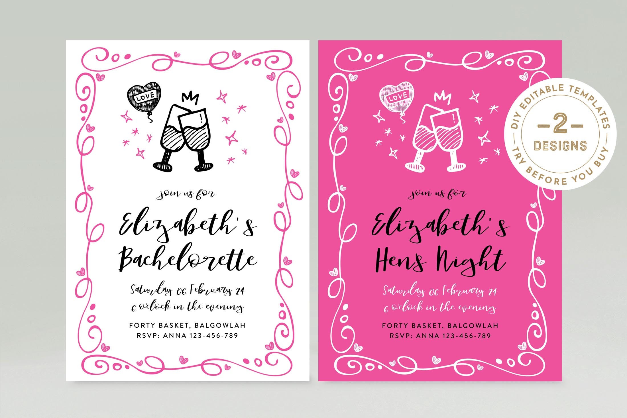 Modern Hand Drawn Hens Night Invite, Fun Bachelorette Party Invite ...