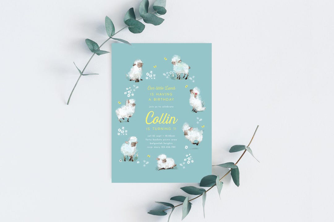 Lamb Birthday Invite, Cute Jumping Lamb, Farm Party Invite, Barnyard ...