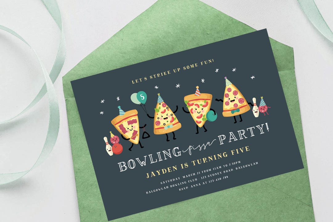 Pizza Bowling Party Invitation, Ten Pin Bowling, Cute Pizza Slices ...