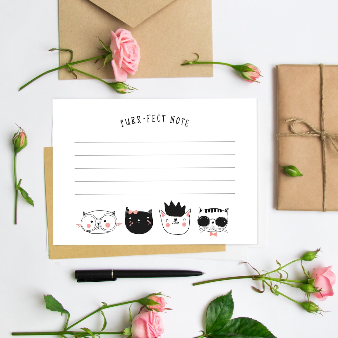 Printable Cat Writing Paper, Digital Note Paper Cute Cat Stationery ...