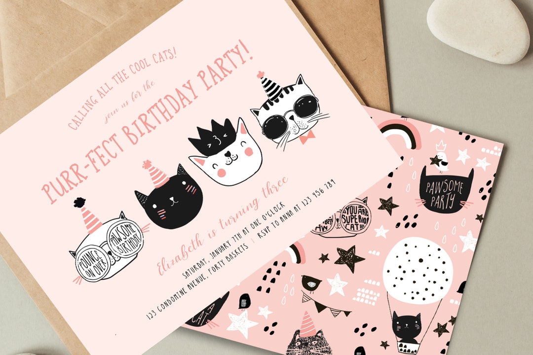 Cat Birthday Invite Editable File, Kitty Cat Party, Pink Cute Cats ...