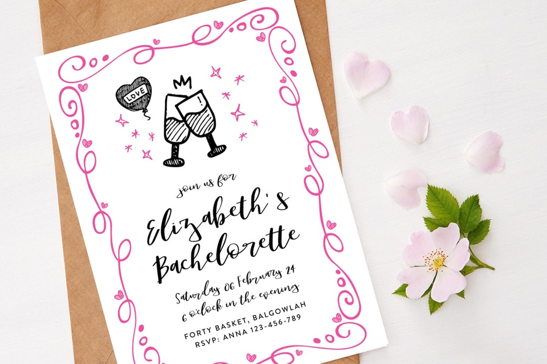 Modern Hand Drawn Hens Night Invite, Fun Bachelorette Party Invite ...