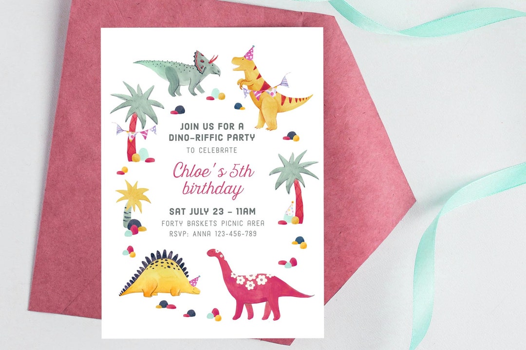 Dino-riffic Dinosaur Birthday Invitation, Editable Girls Dinosaur ...
