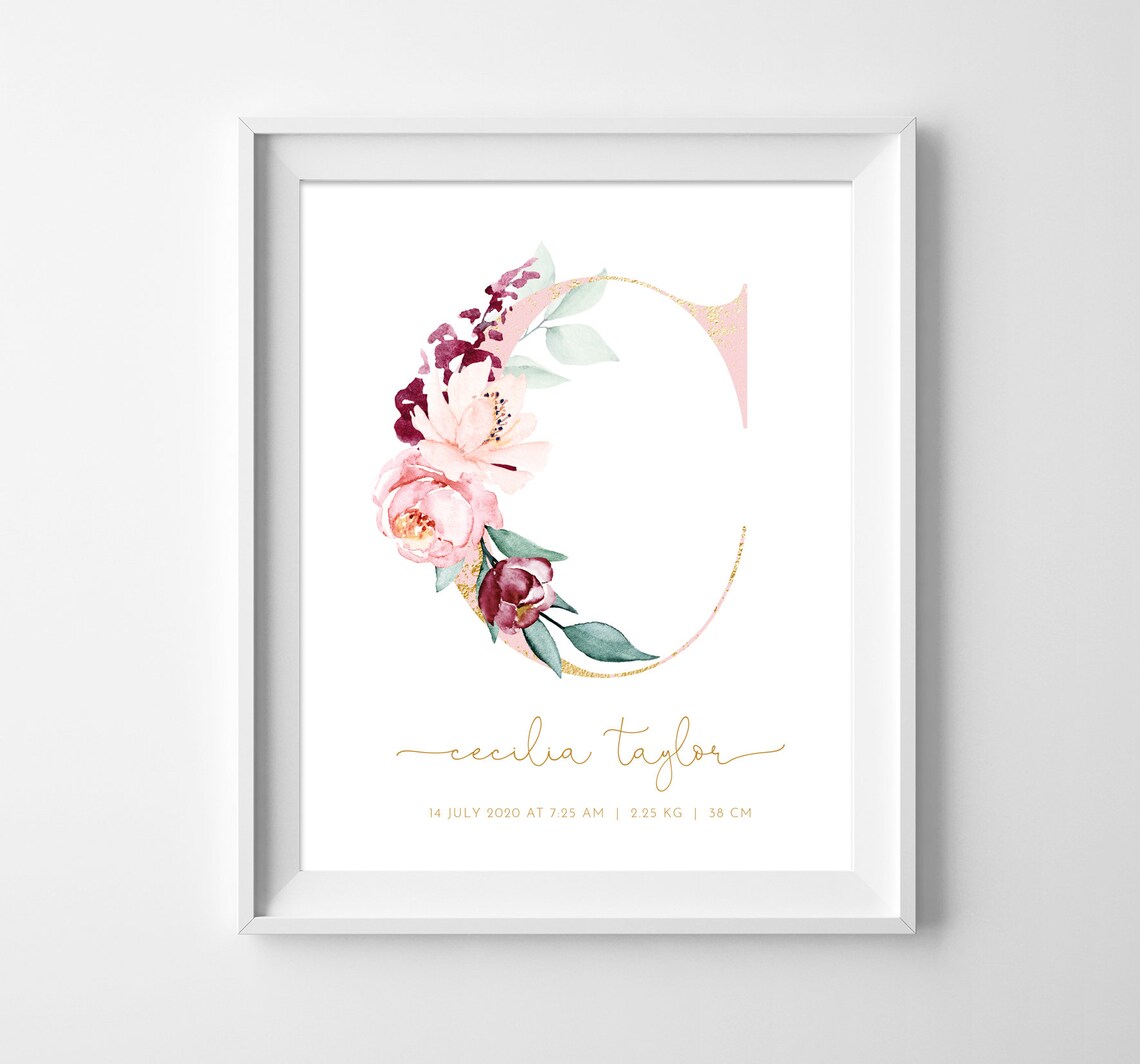 Baby Girl Nursery Print, Newborn Gift, Pink Gold Floral Baby Name Print ...
