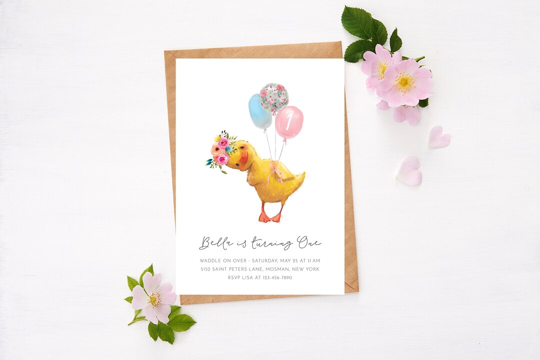 Duck Invitation, First Birthday Invite, Modern Floral Duck, Girls ...