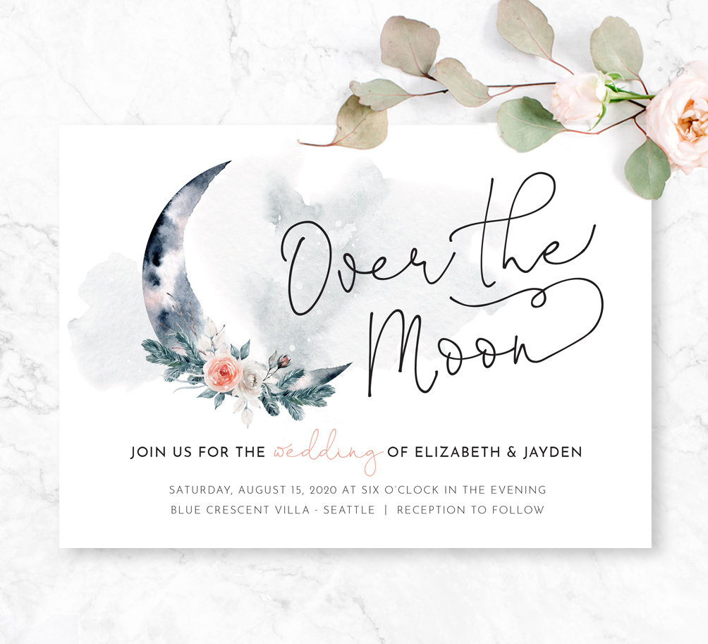 Floral Moon Wedding Invitation, Over the Moon, Wedding Invitation ...