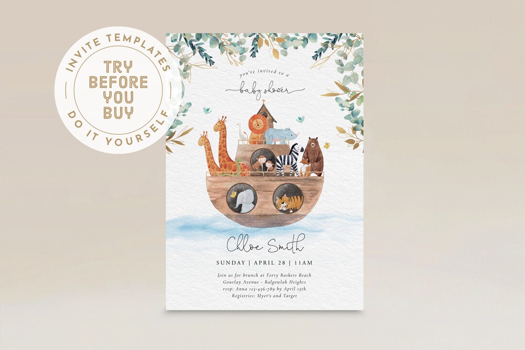 Noah's Ark Baby Shower Invitation, Greenery Noah's Ark Cute Baby ...