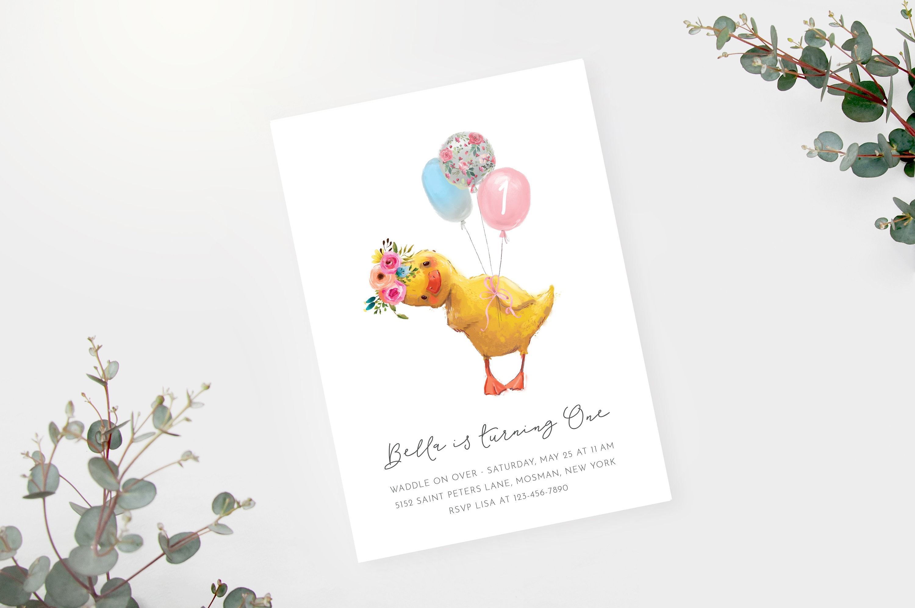 Duck Invite | Birthday Party Invite Girl Digital Template | Modern Duck ...