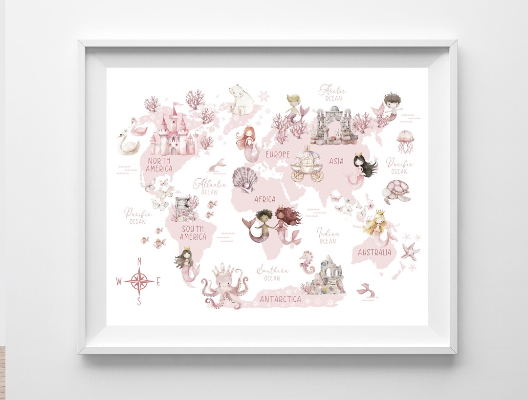 Whimsical Magical World Map, World Map Girls Nursery, Pink Mermaids Sea ...