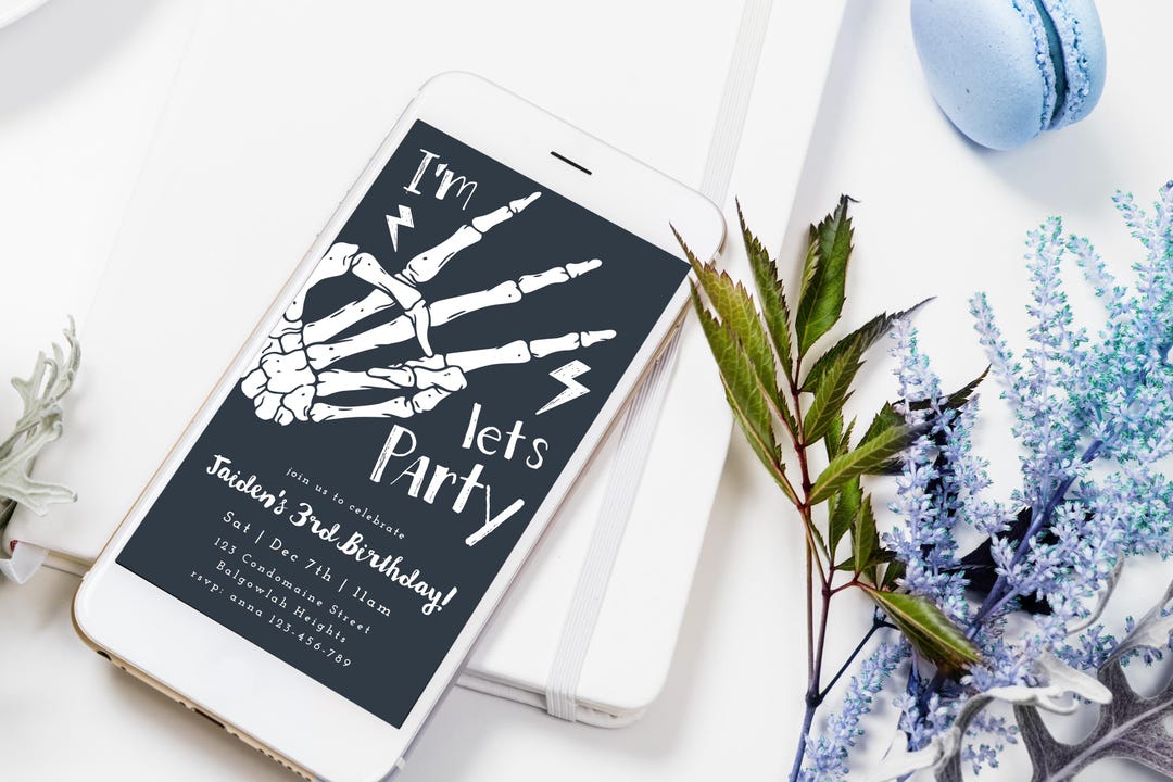 Halloween Skeleton Mobile Phone Birthday Invite, Editable Skeleton Hand ...
